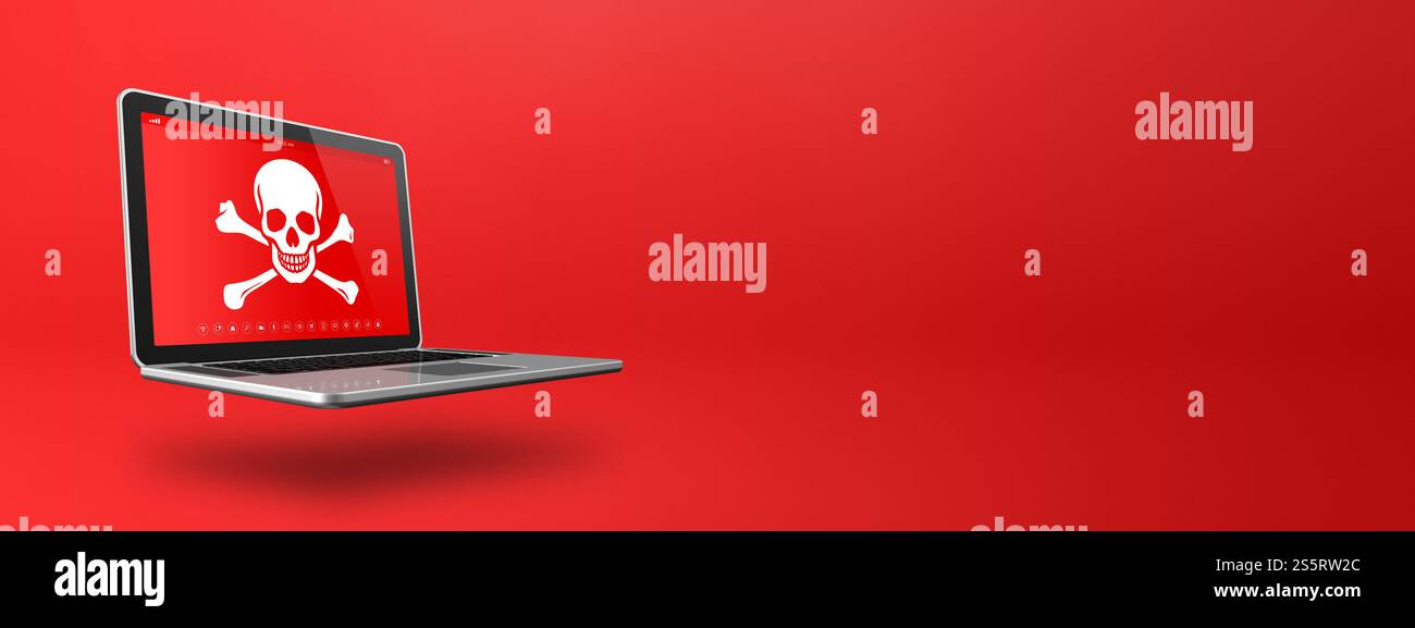 Laptop with a pirate symbol on screen. Hacking and virus concept. 3D ...