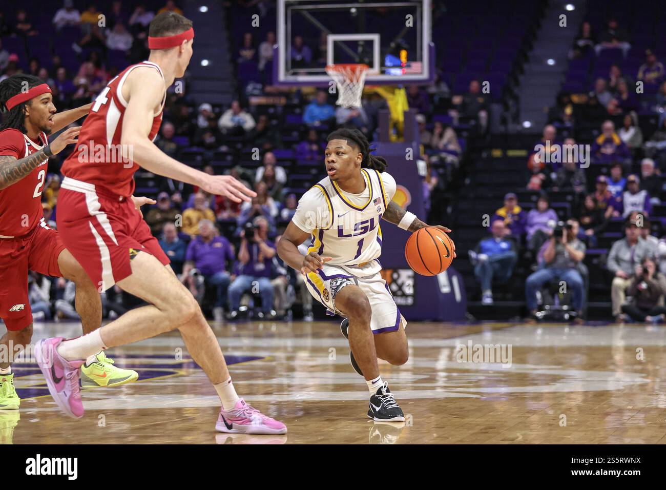 January 14, 2025: LSU's Jordan Sears (1) looks for a lane to drive the ...