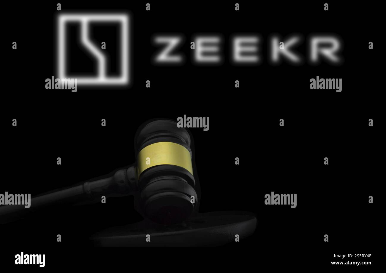 Court gavel in front of the Zeekr logo. Zeekr Technology Group is a ...