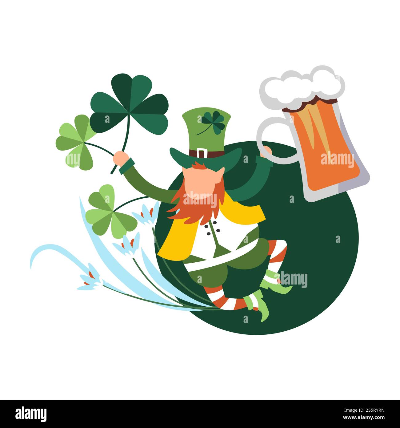 Saint Patrick day celebration, irish jig dancing leprechaun gnome holding jug glass of beer and ...