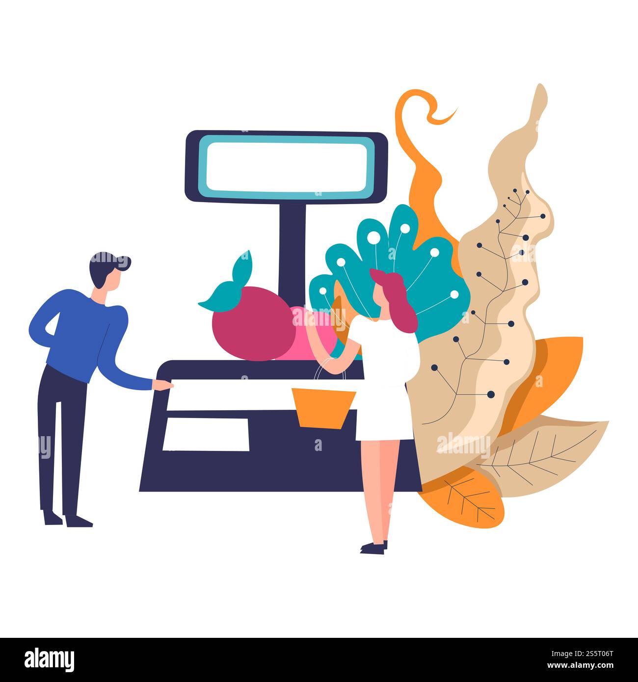 Counter of salesperson, weight and apple with leaves vector. Fruit ...