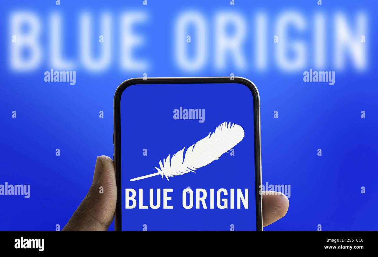 Blue origin logo is displayed on smartphone. Blue Origin Enterprises is ...