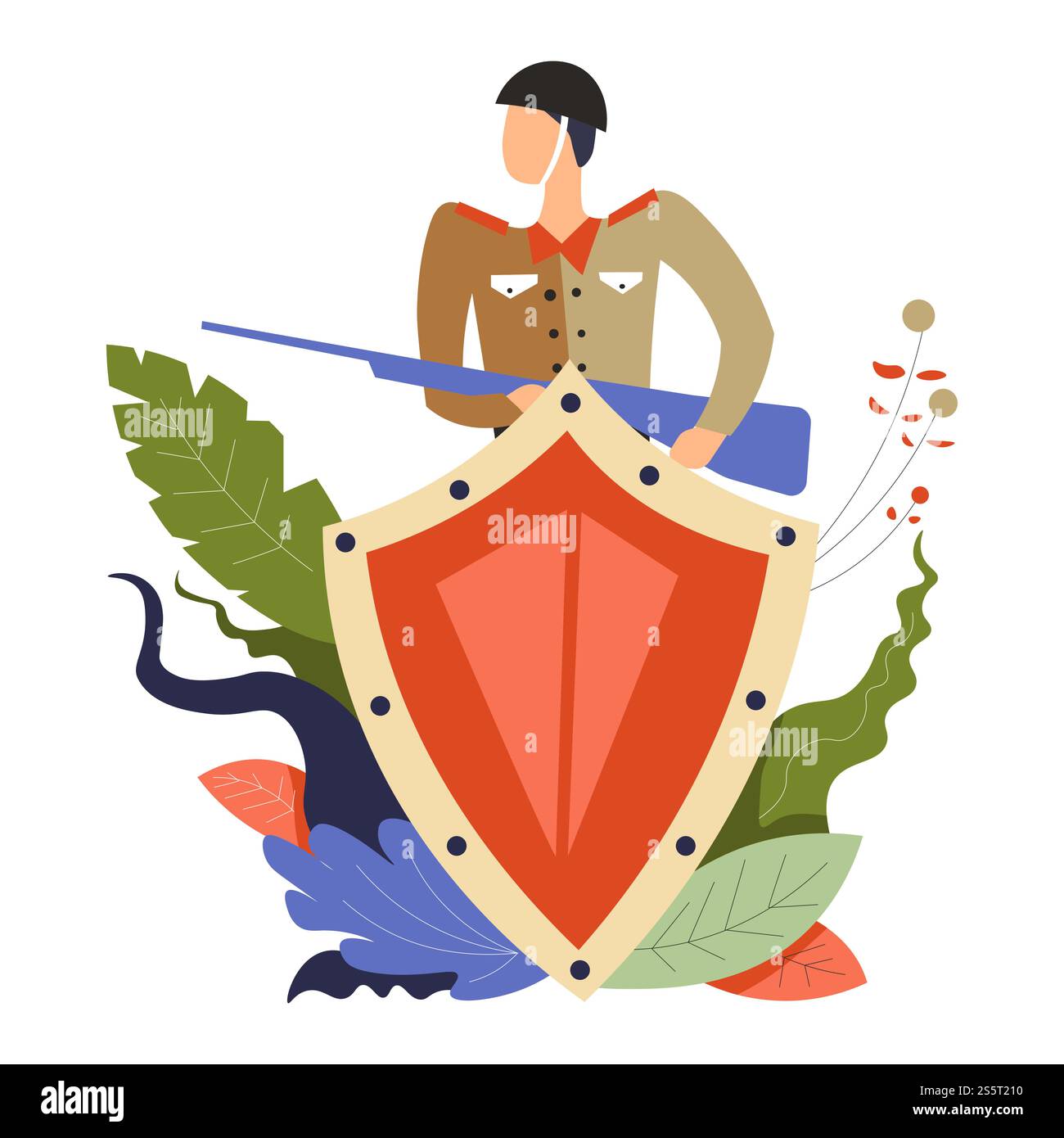 Soldier holding riffle weapon hiding behind metal shield vector man ...