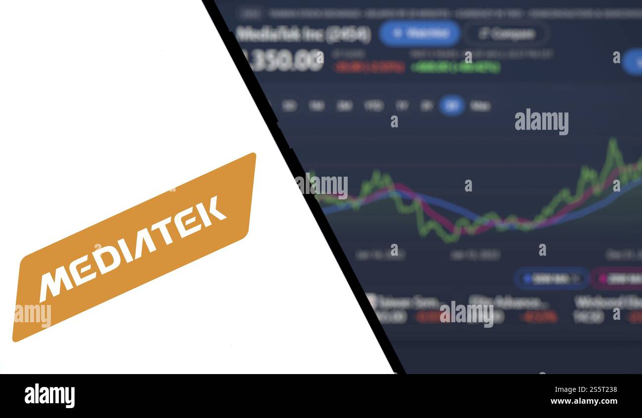 MediaTek logo is displayed on smartphone. MediaTek Inc is a Taiwanese ...