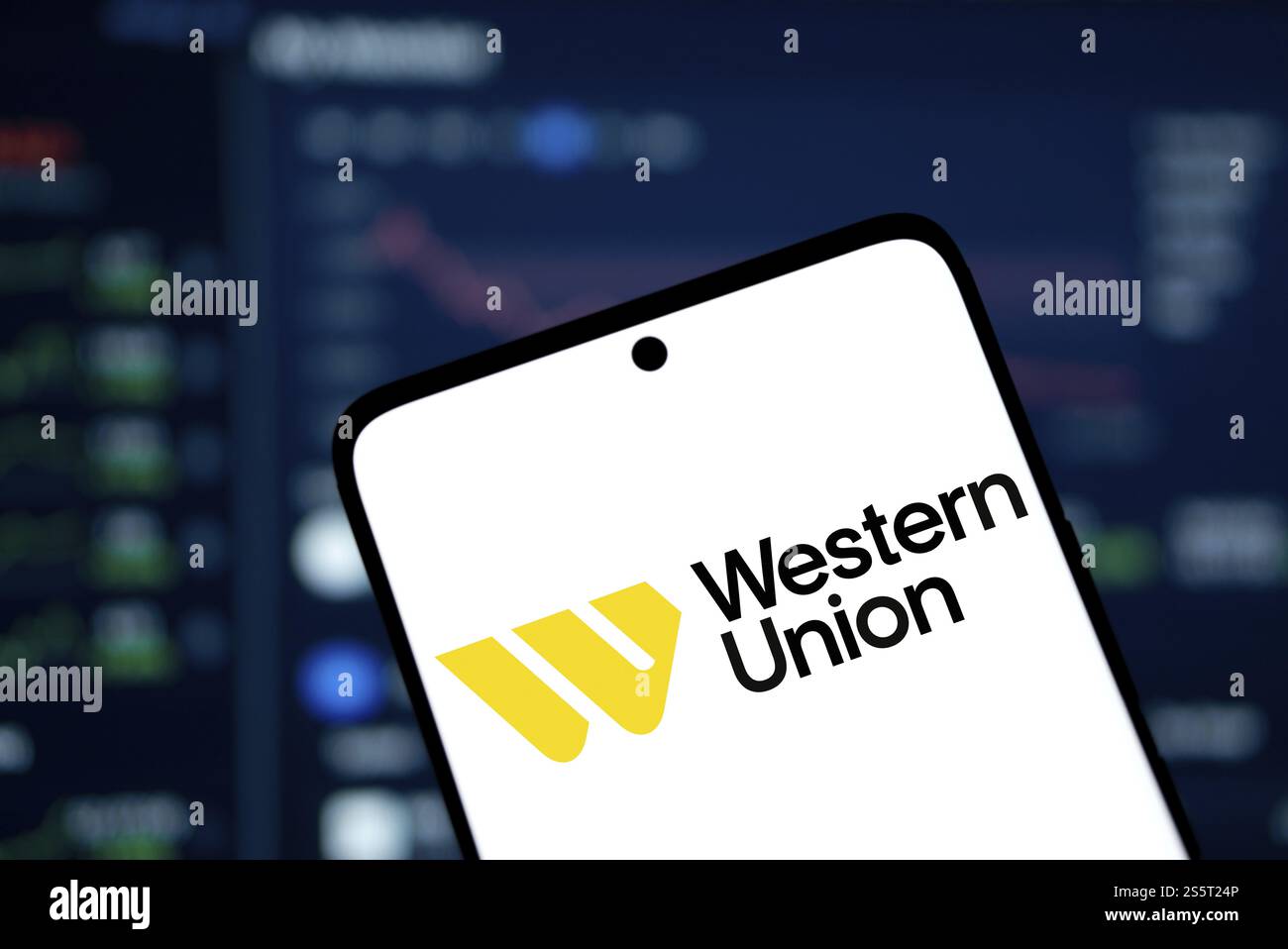 Western union logo is displayed on smartphone. The Western Union ...
