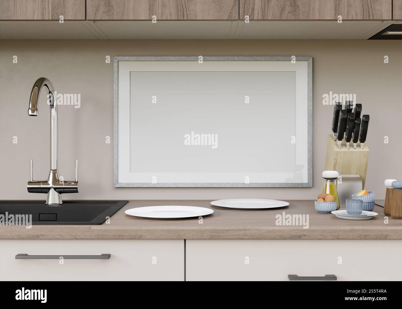 3D kitchen with white blank photo frame Stock Photo - Alamy
