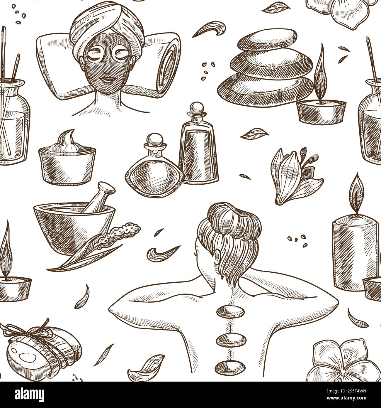 Spa salon services sketch seamless pattern woman beauty procedure girl ...