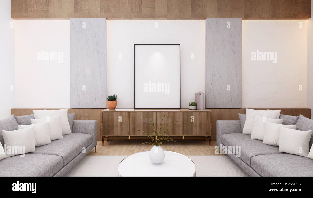 3D living room and sofa with blank photo frame Stock Photo - Alamy