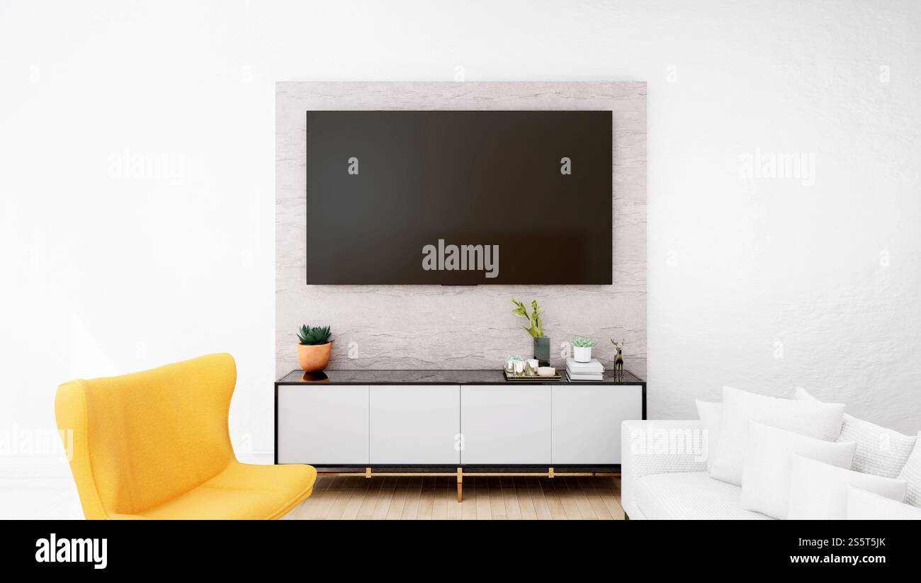3D living room with blank television Stock Photo - Alamy