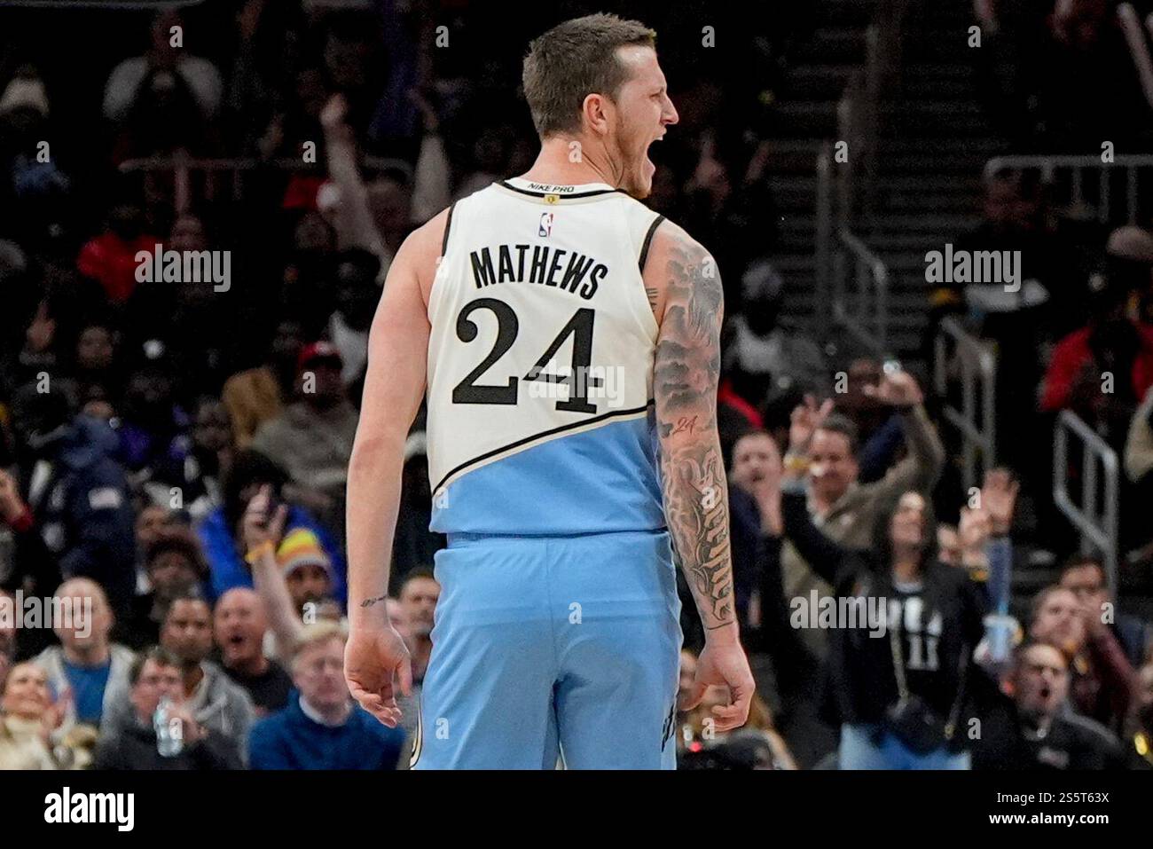 Atlanta Hawks guard Garrison Mathews (24) celebrates his three-point ...