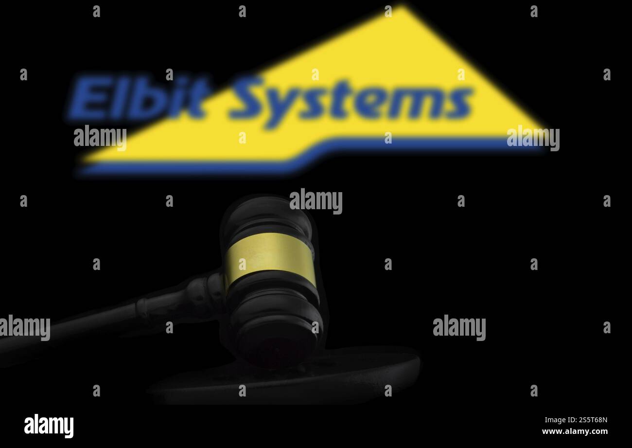Court gavel in front of the Elbit systems logo. Elbit Systems Ltd is an ...