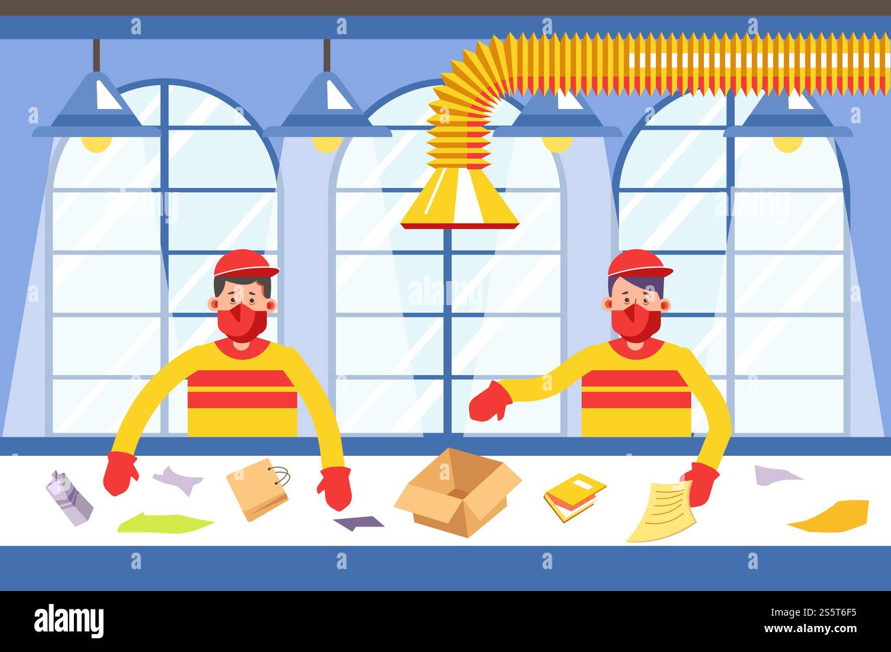 Recycling process of waste collection, factory workers at job vector. Wastepaper and cardboard ...