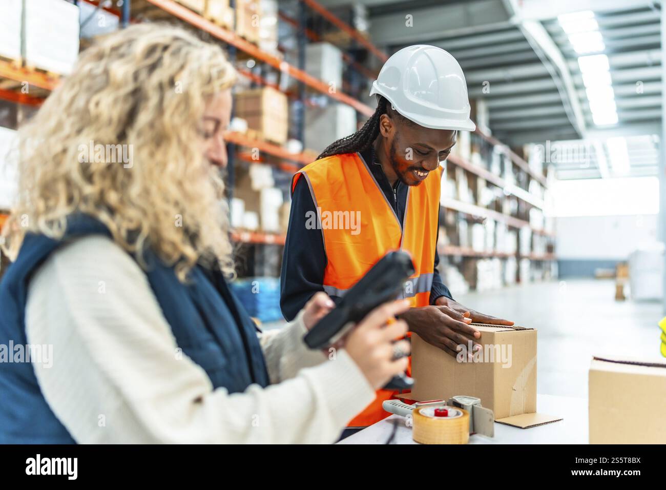 Multiracial female and male manual workers preparing boxes to deliver ...