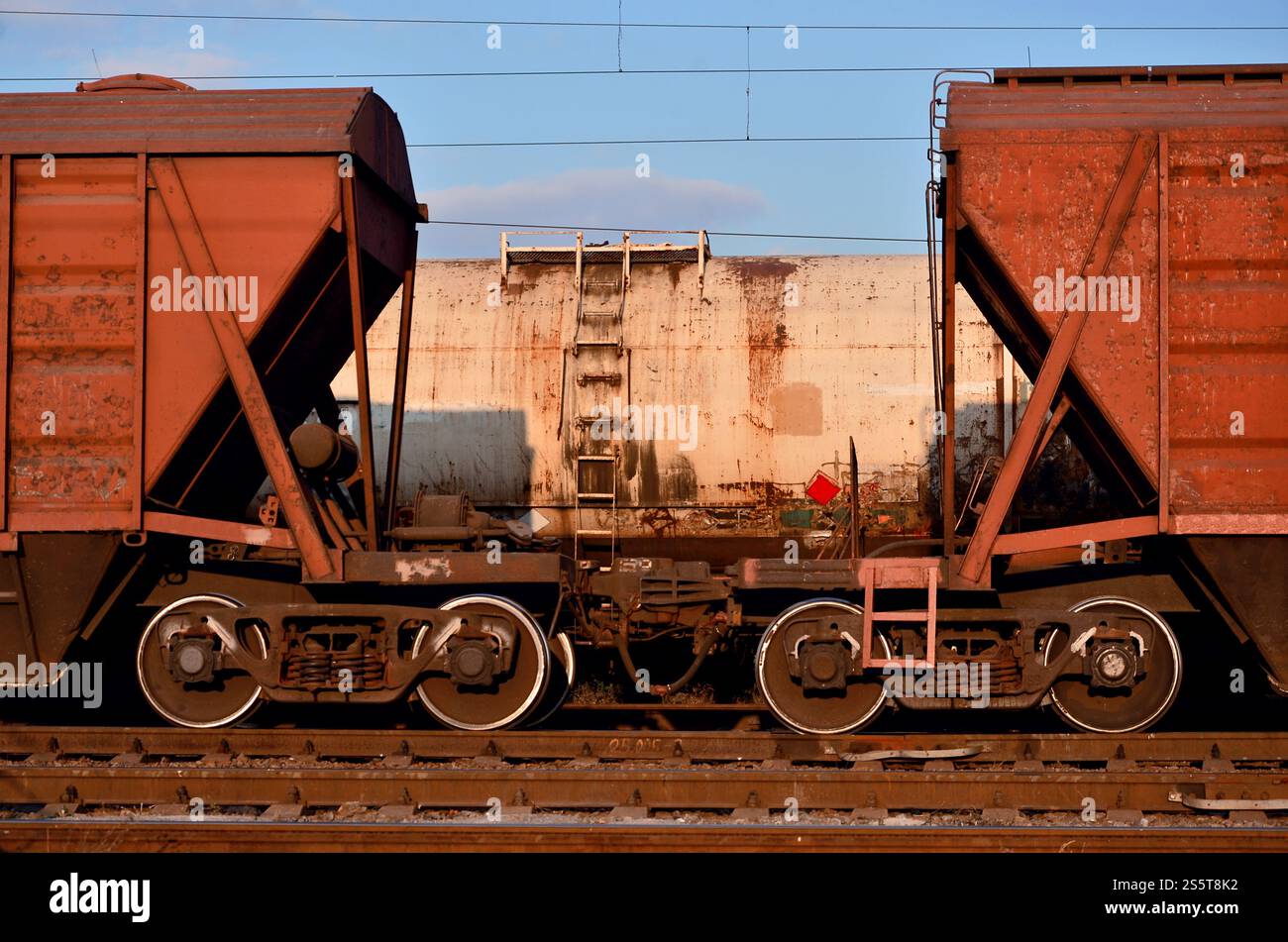 Detailed photo of railway freight car. A fragment of the component ...