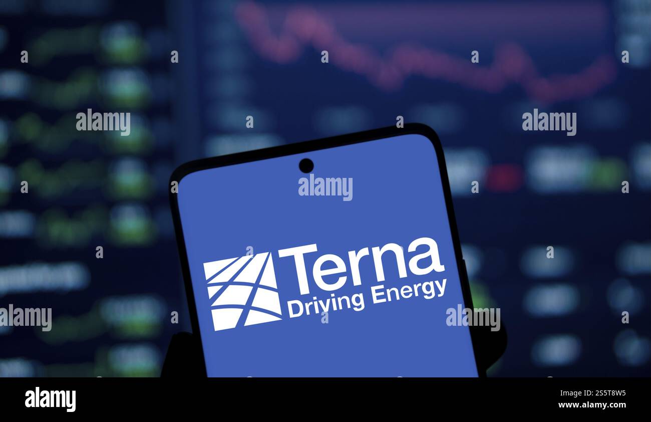 Terna driving energy logo is displayed on smartphone. Terna S.p.A. is a ...
