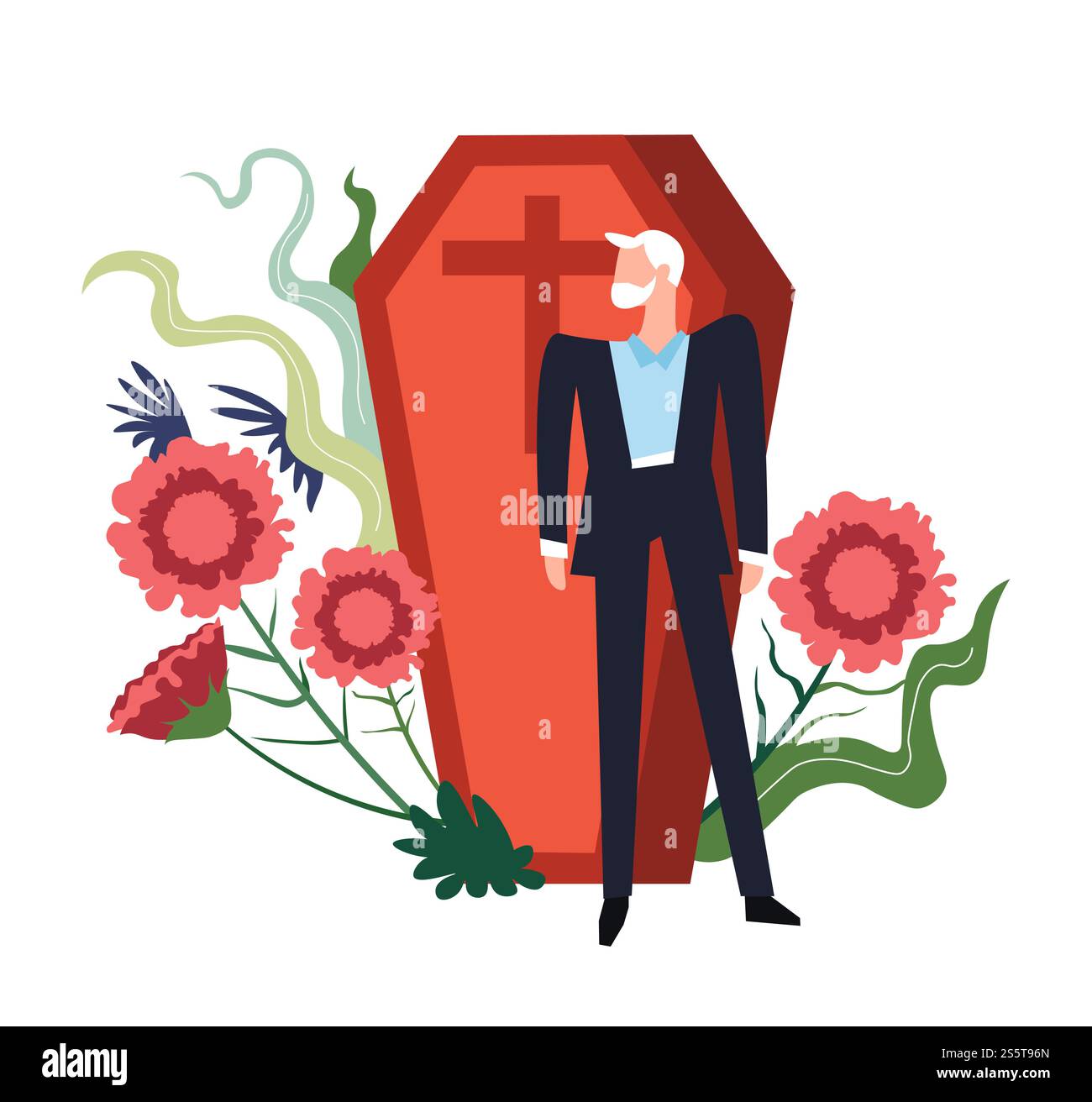 Funeral ceremony person grieving by coffin of deceased person vector ...