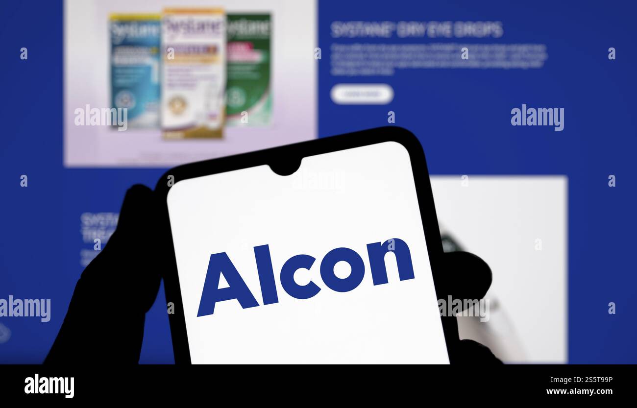 Alcon logo is displayed on smartphone. Alcon Inc. is a Swiss-American ...