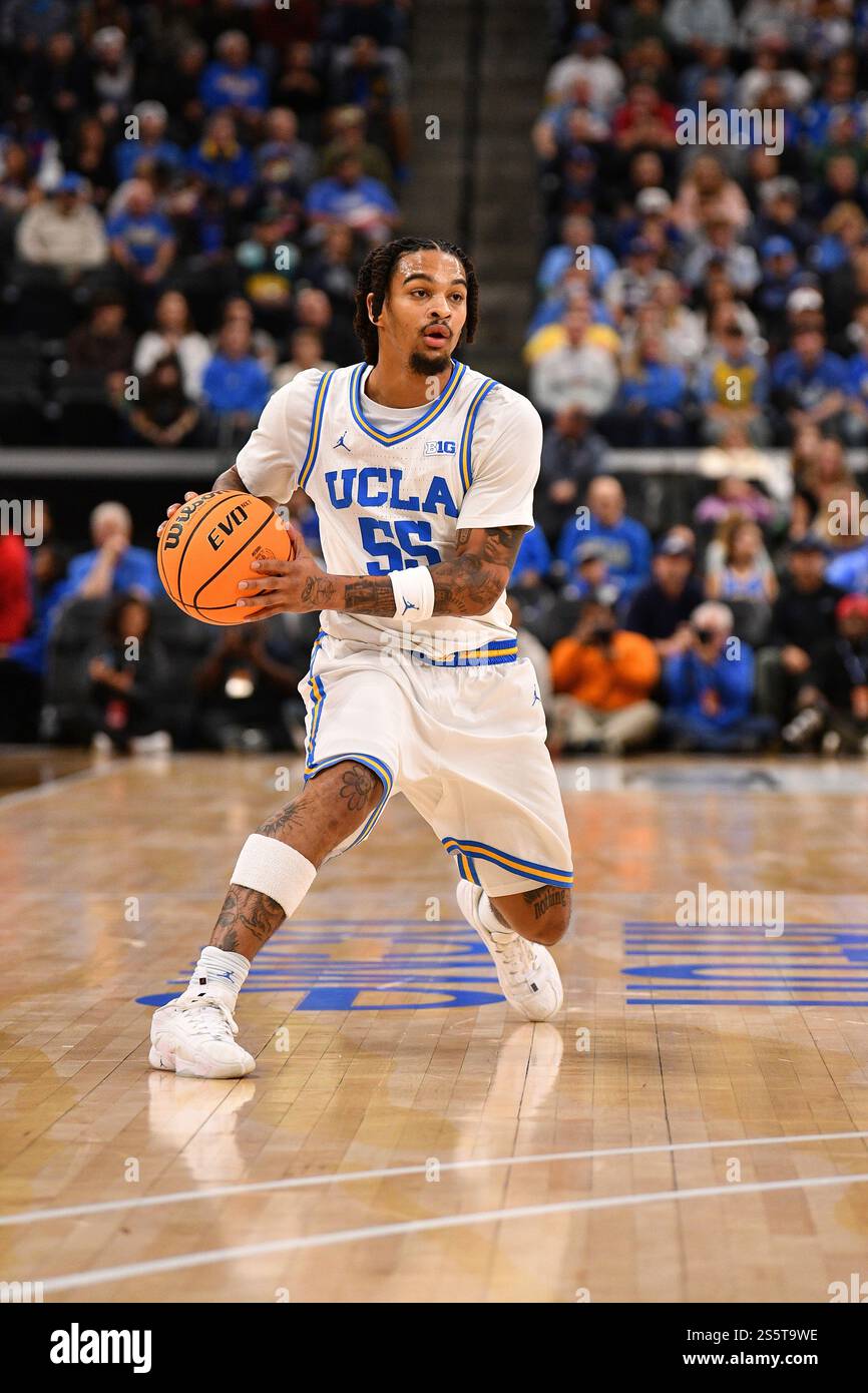 INGLEWOOD, CA - DECEMBER 28: UCLA Bruins guard Skyy Clark (55) looks to ...
