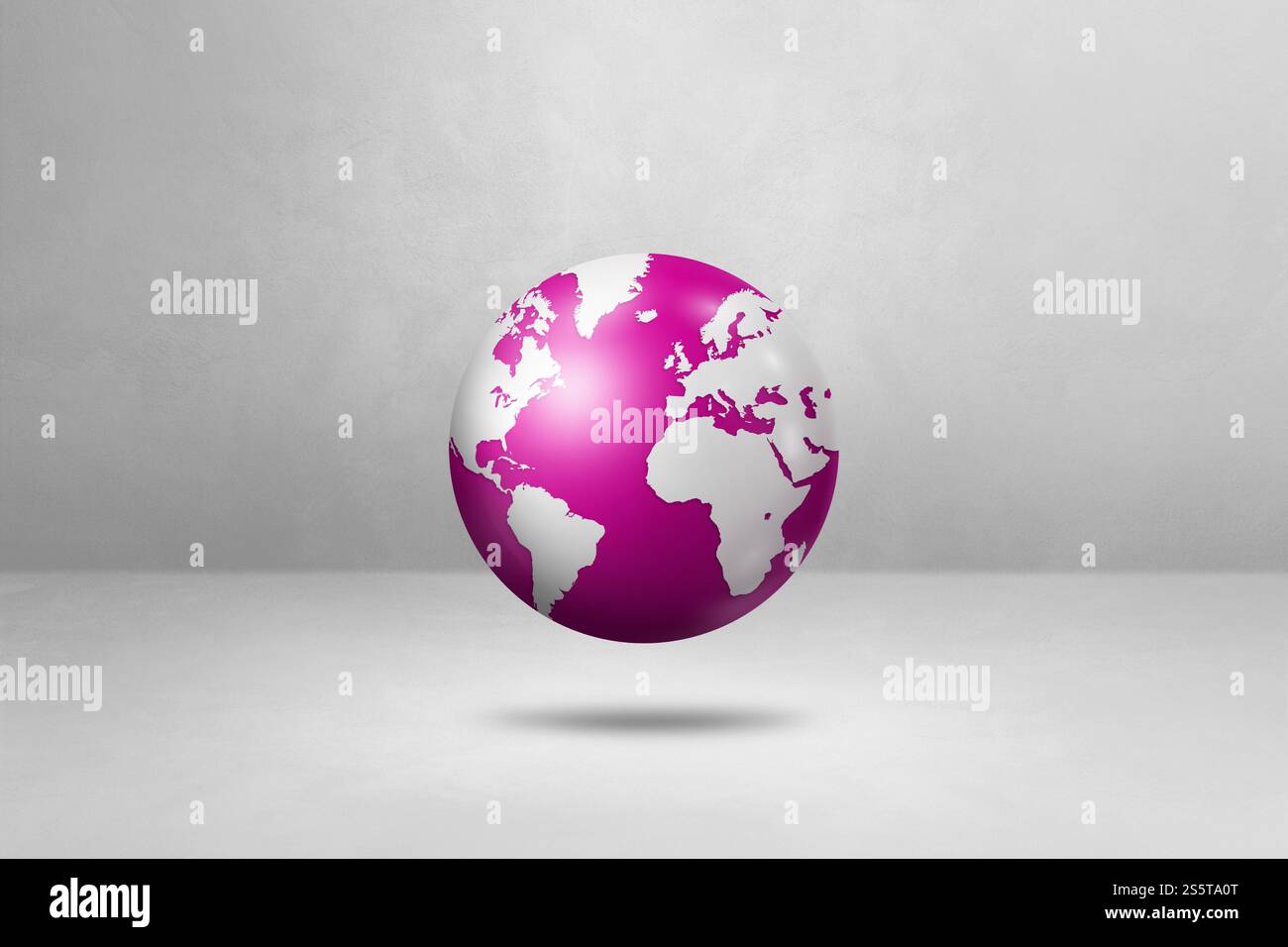 World globe, pink earth map, floating over a white background. 3D ...