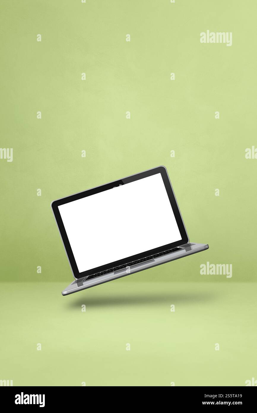 Blank computer laptop floating over a green background. 3D isolated ...