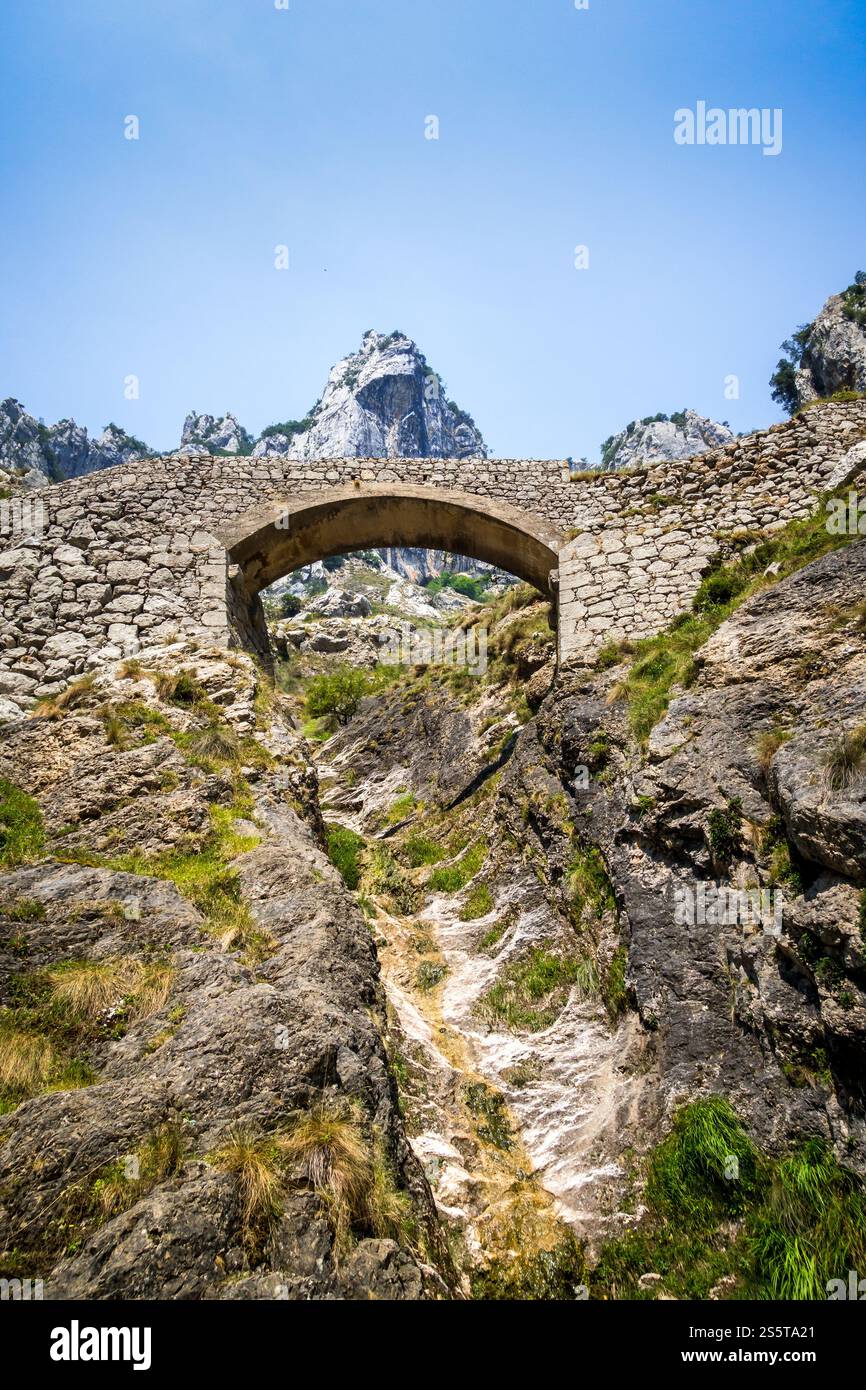 Old stone bridge near bulnes village in picos de europa hi-res stock ...