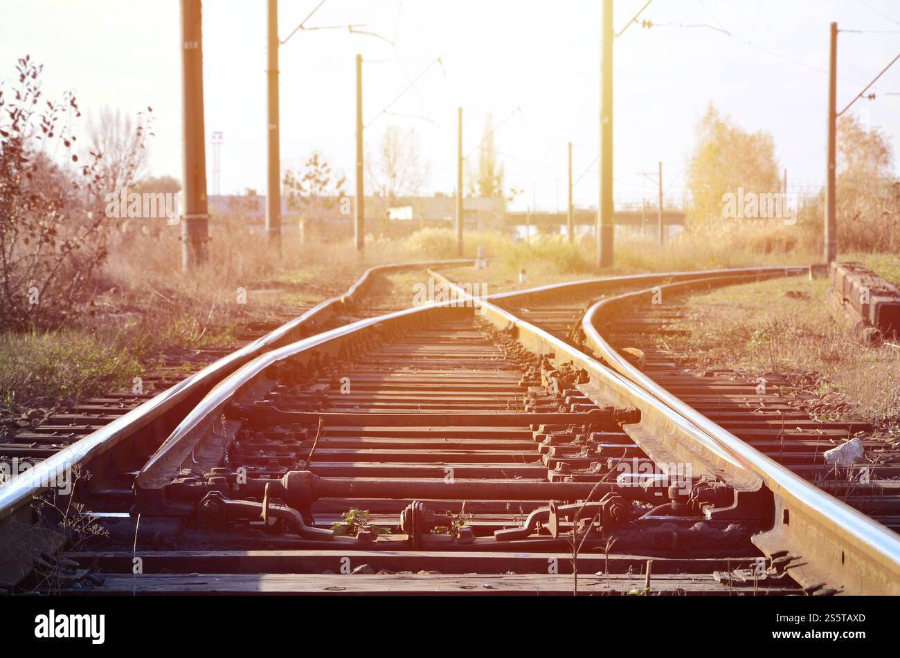 Railway landscape of free and empty railway lines. Detailed picture of rails and sleepers. Empty ...