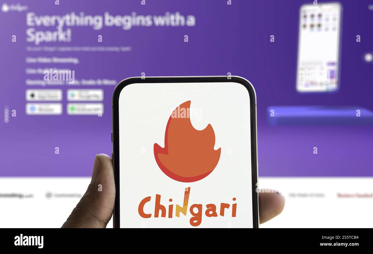 Chingari logo is displayed on smartphone. Chingari is a video sharing ...