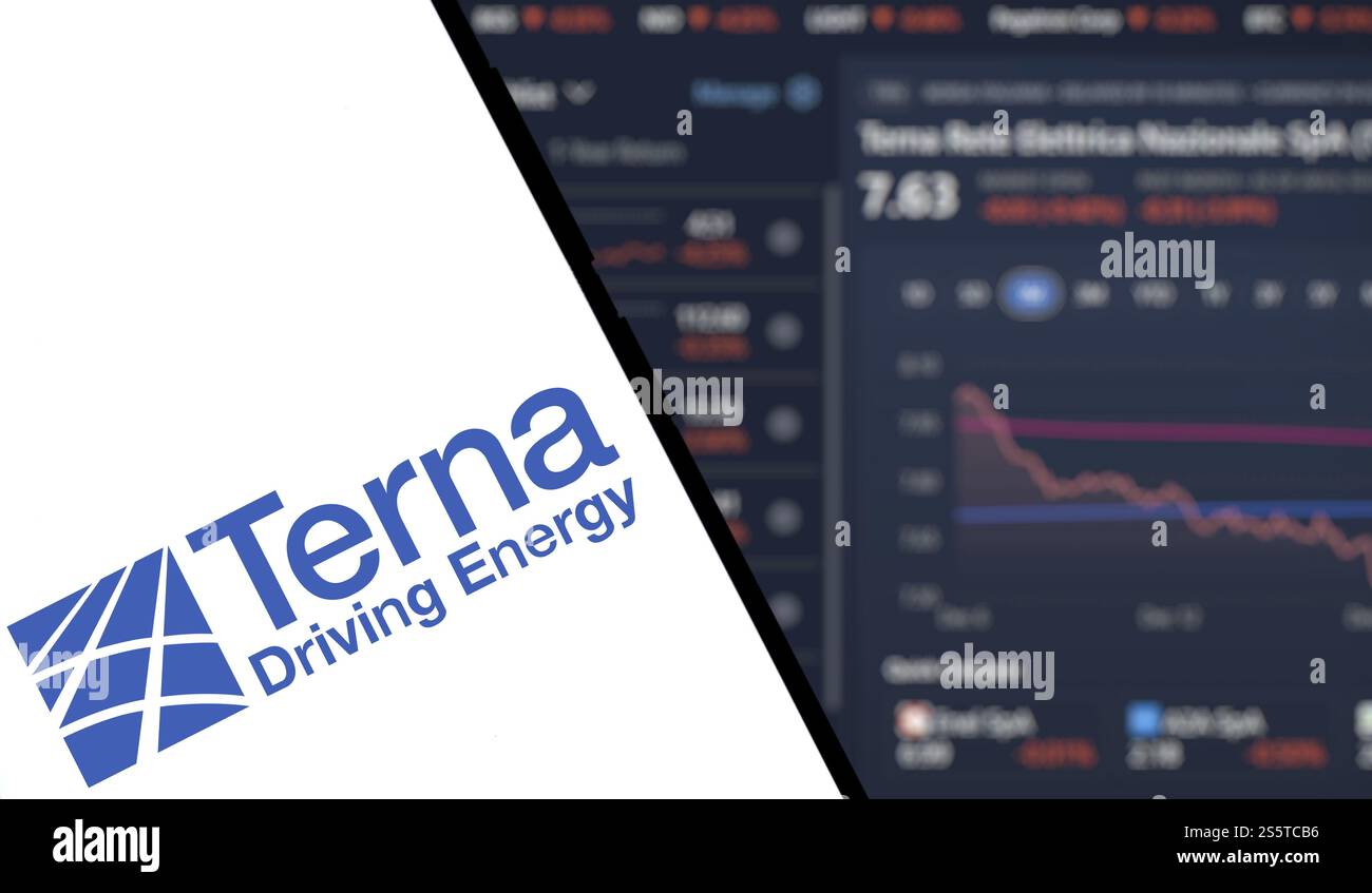 Terna driving energy logo is displayed on smartphone. Terna S.p.A. is a ...