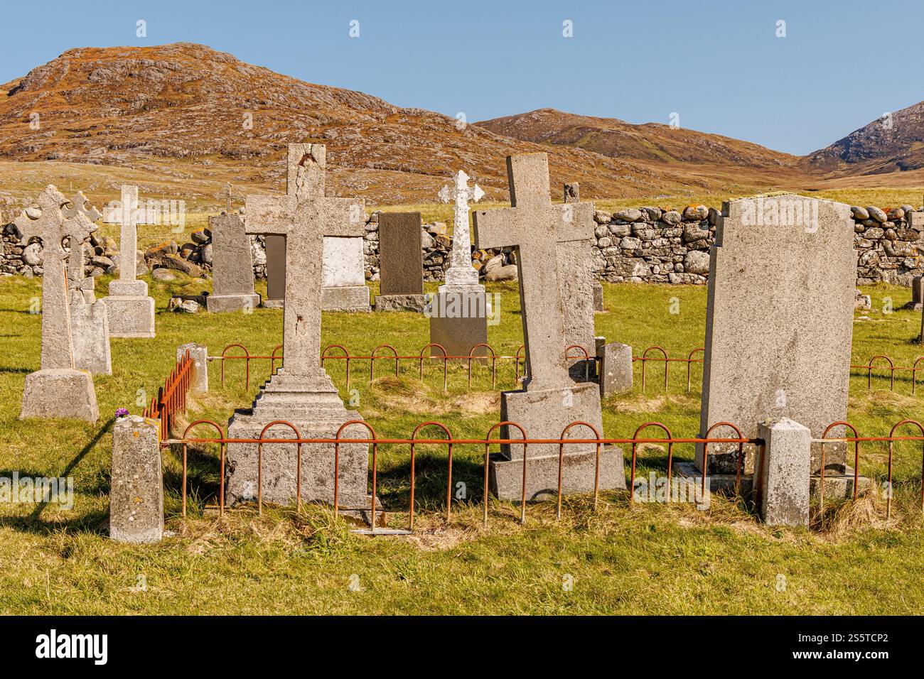 Scotland, Hebrides. Isle of Barra. Cemetery overlooking the sea near ...