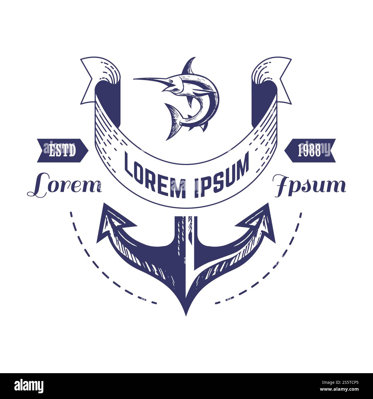 Marine isolated monochrome icon anchor and marlin fish with needle and ...