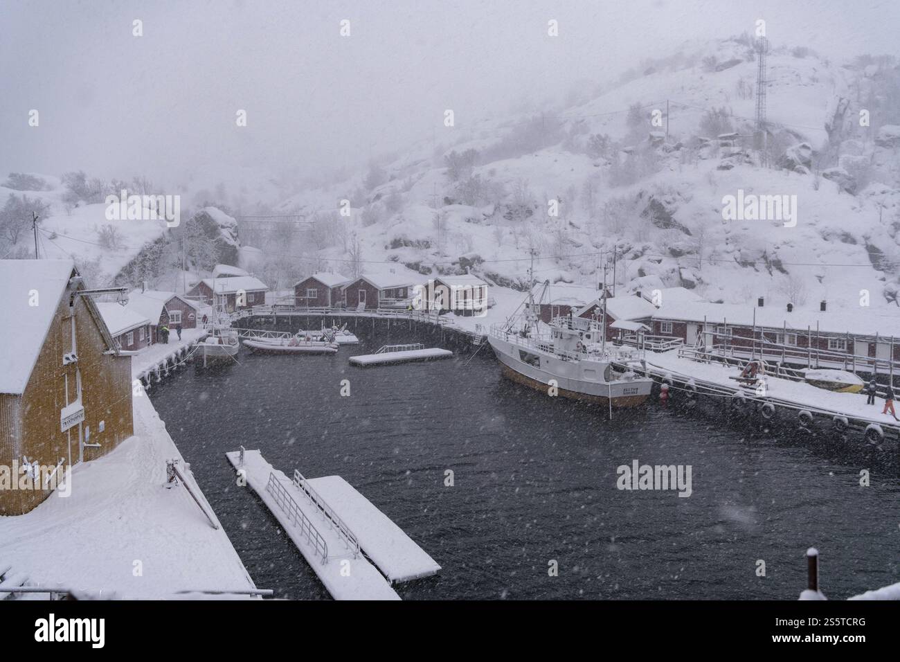 Lofoten, snowfall, winter, rorbu, Nusfjord, Lofoten, norway Stock Photo ...