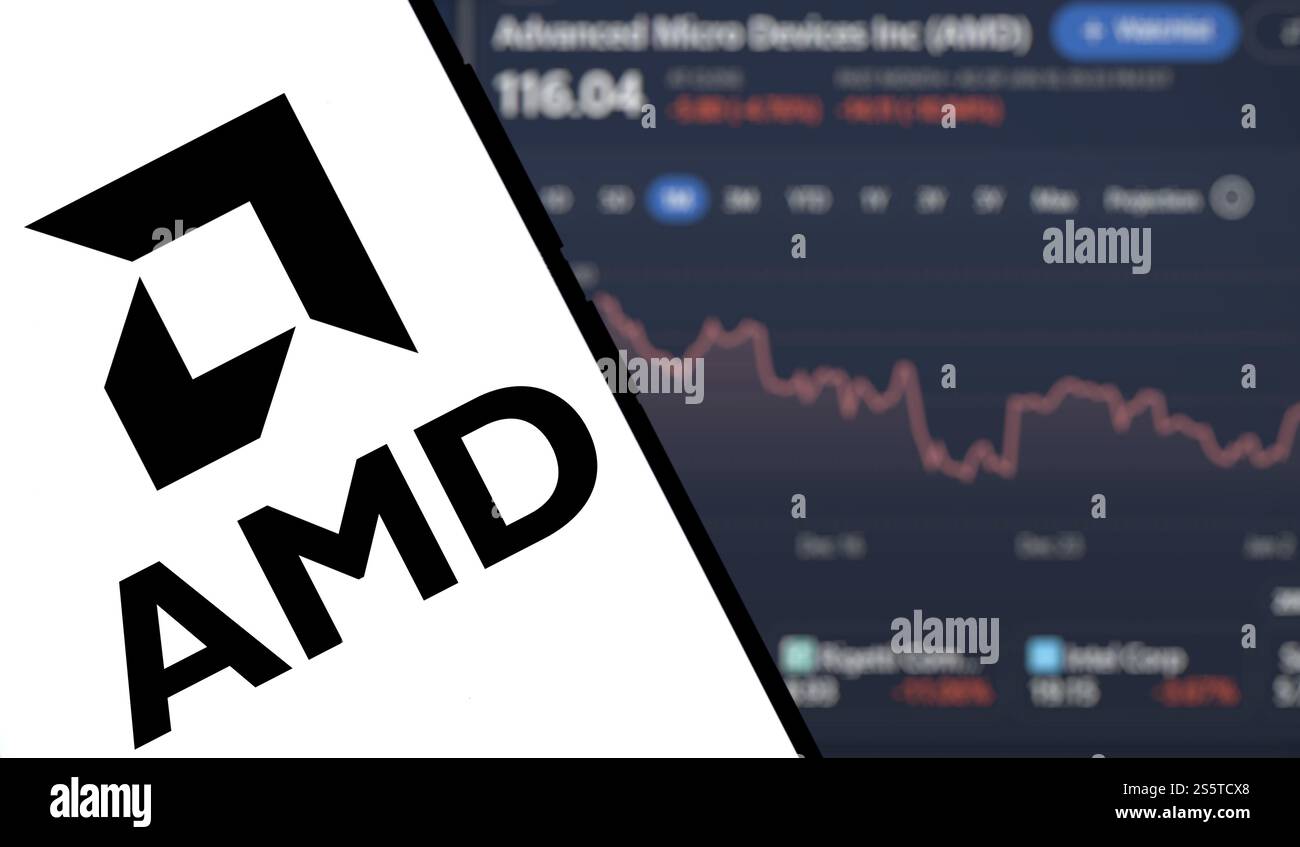 AMD logo is displayed on smartphone. Advanced Micro Devices Inc (AMD) is an American ...
