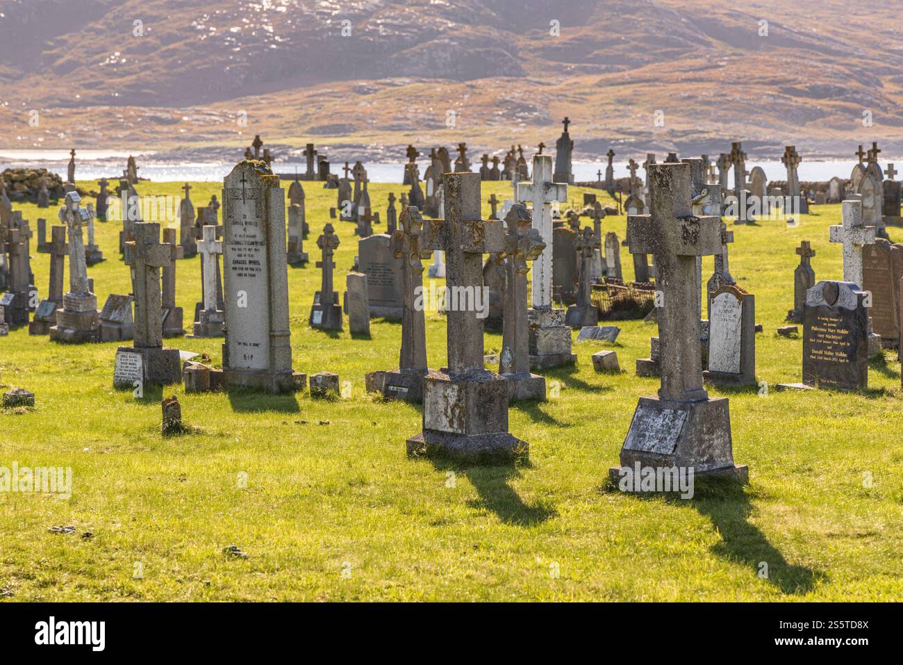 Scotland, Hebrides. Isle of Barra. Cemetery overlooking the sea near ...