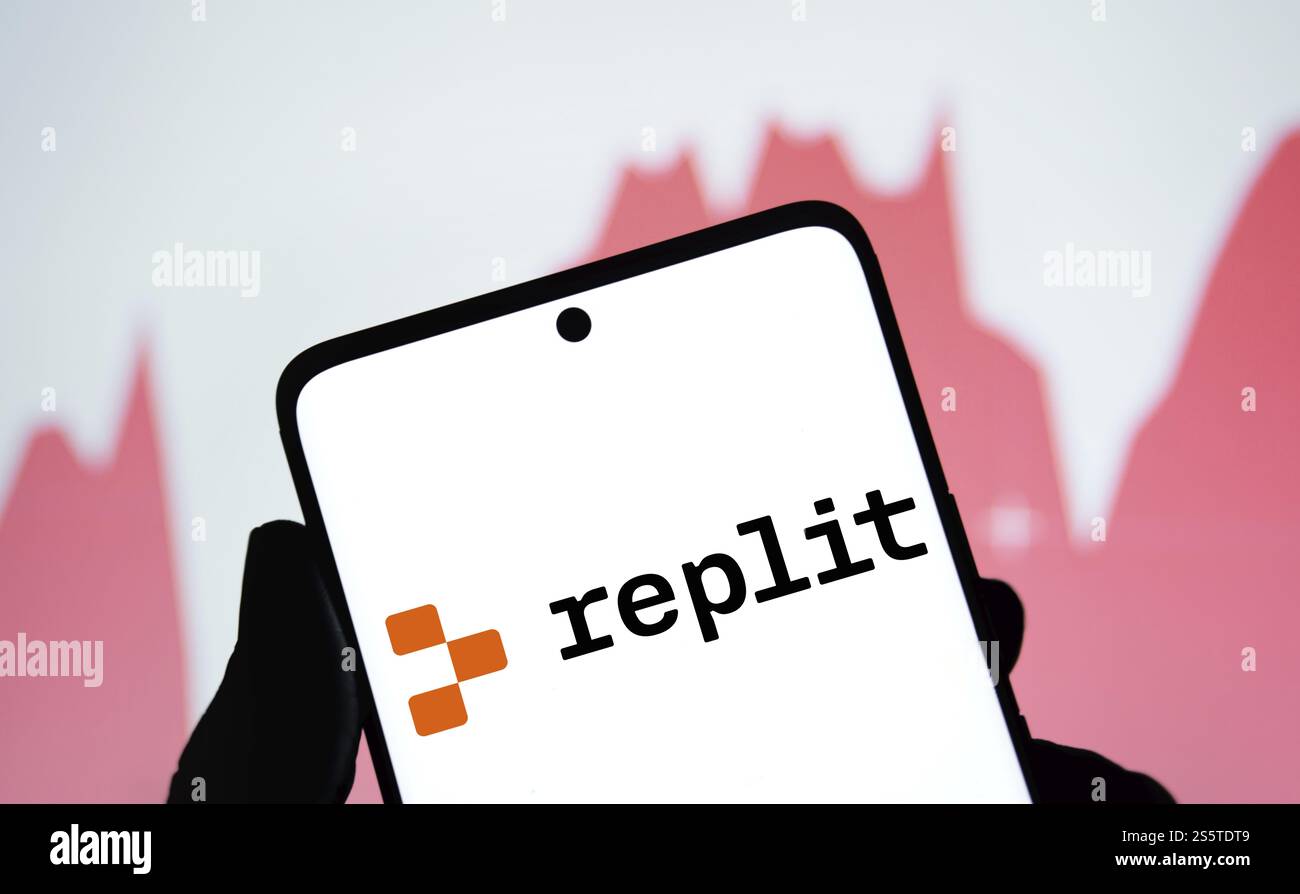 replit logo is displayed on smartphone. Replit is an American start-up and an online integrated ...