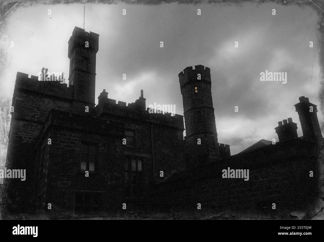 Scotland, Hebrides. Isle of Lewis, Lews Castle with light in tower ...