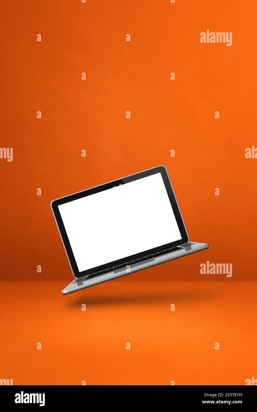 Blank computer laptop floating over an orange background. 3D isolated ...