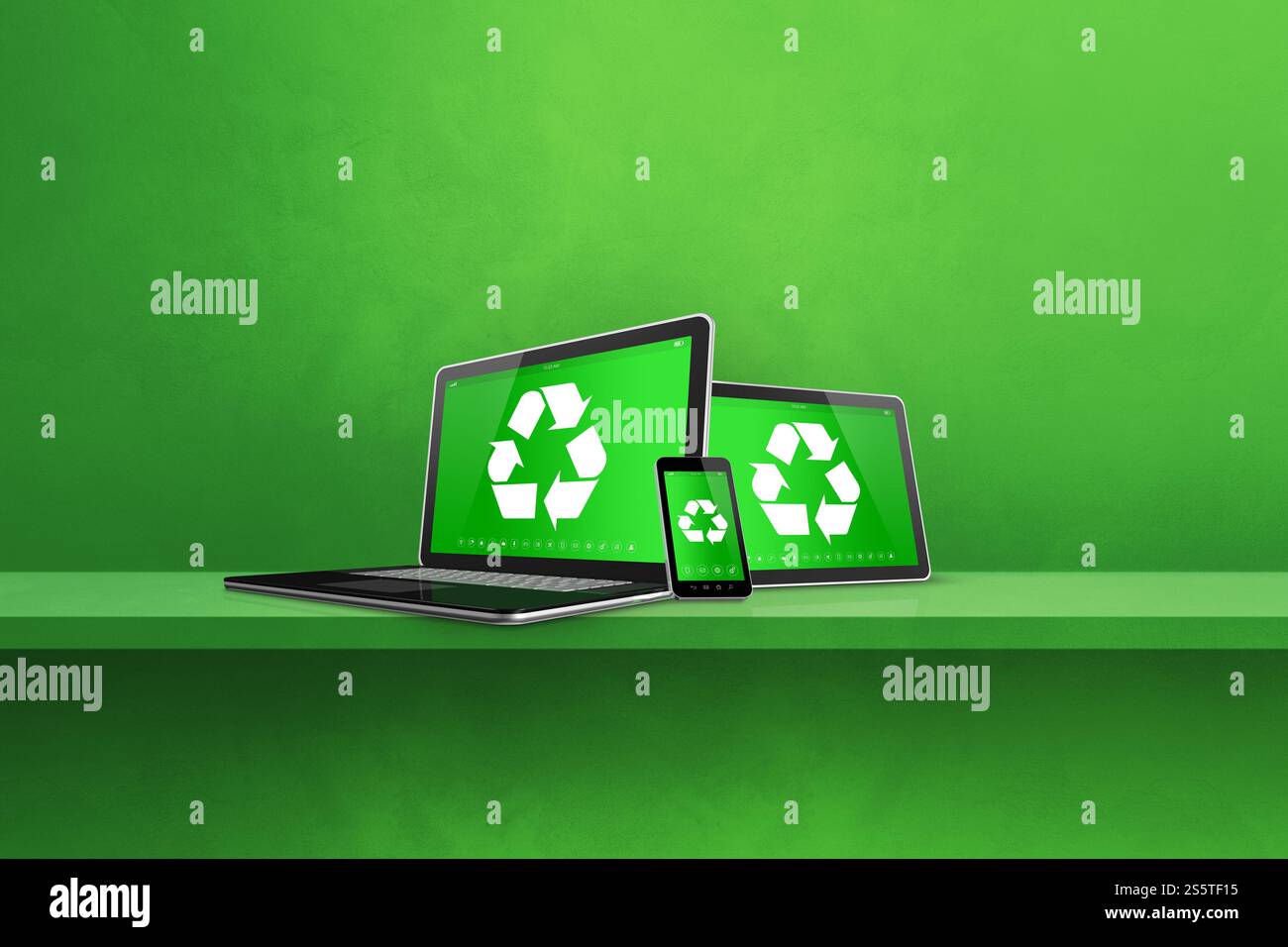 Laptop, tablet PC and smartphone on a shelf with a recycle symbol on ...