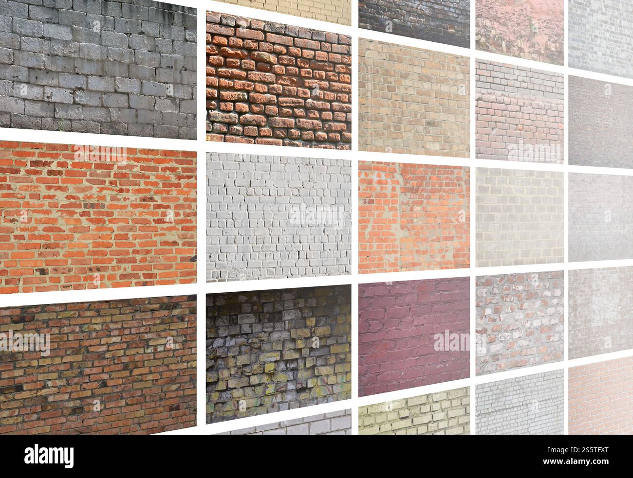 A collage of many pictures with fragments of brick walls of different ...