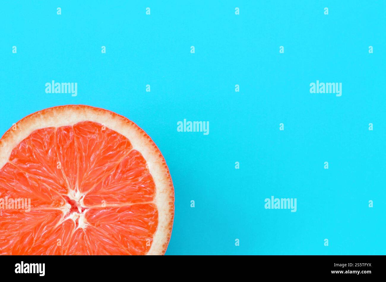 Top view of an one grapefruit slice on bright background in blue color ...
