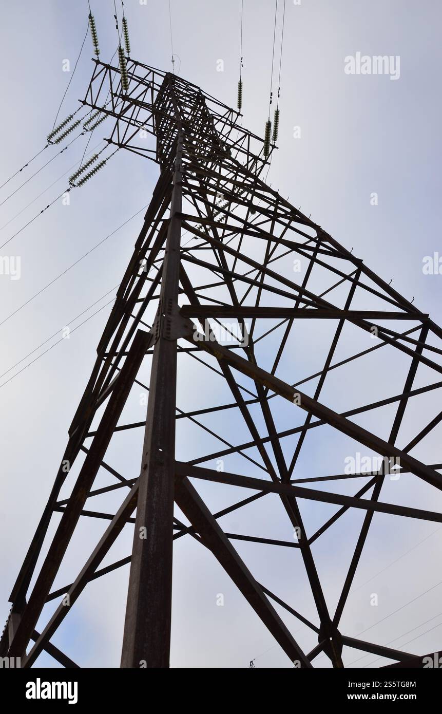 High Voltage Electric Tower. Power lines concept. Outdoor day scene ...