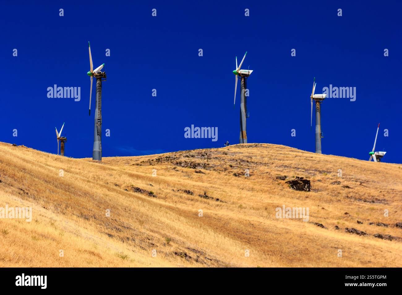 A group of wind turbines are on a hillside. The windmills are all ...