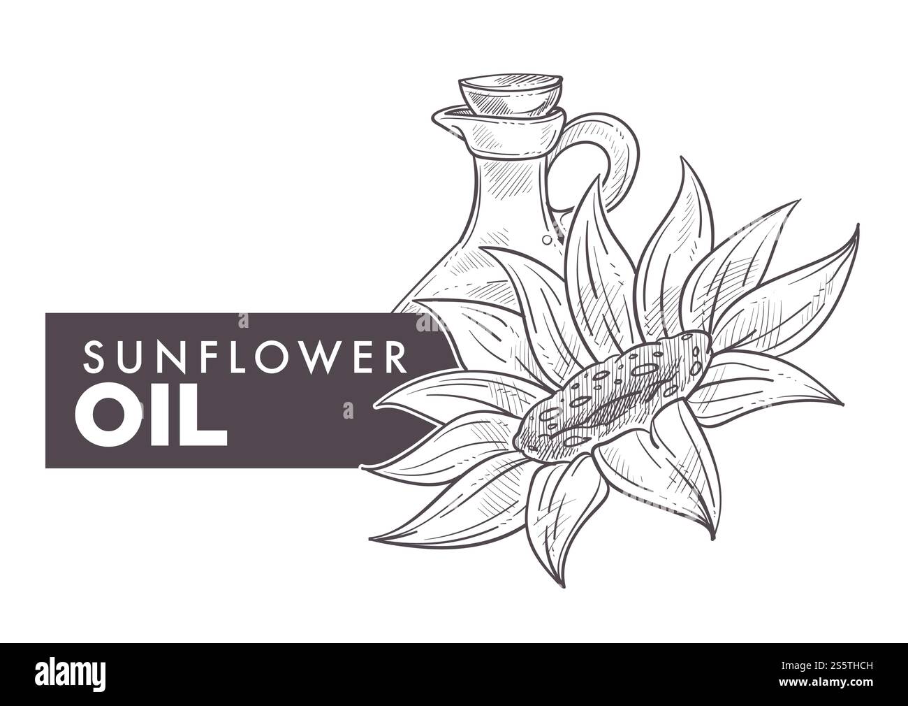 Sunflower oil poured in glass bottle text and flower vector monochrome ...