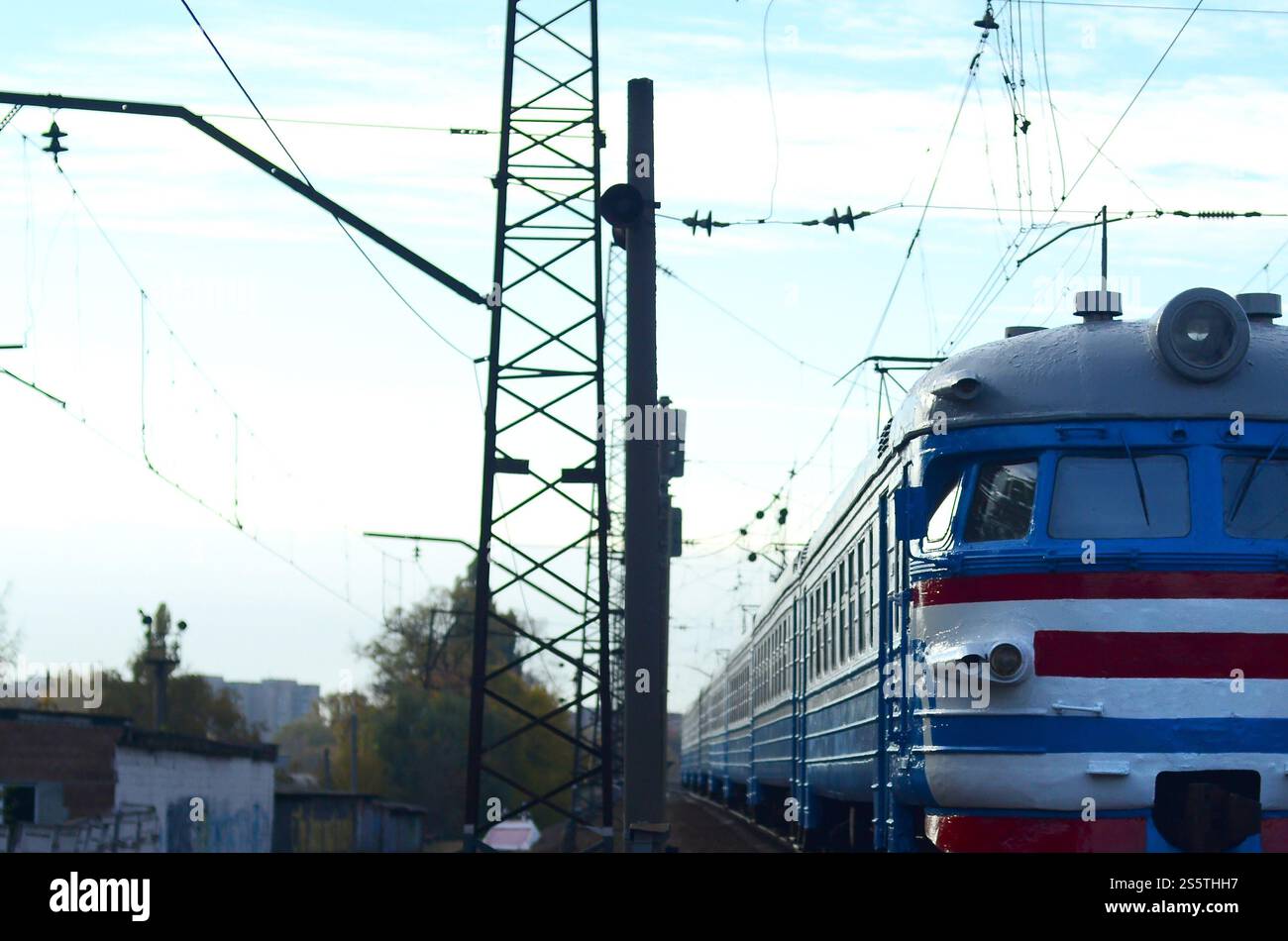 Suburban electric train. Old soviet electric train with outdated design ...