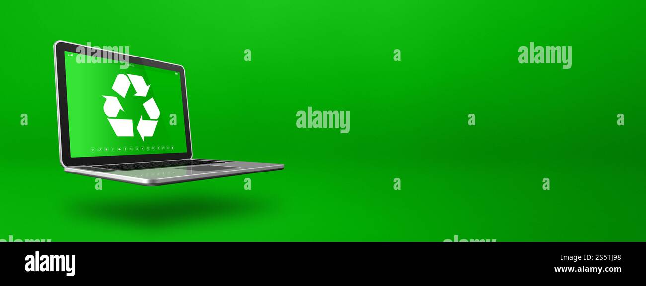 Laptop computer with a recycling symbol on screen. environmental ...