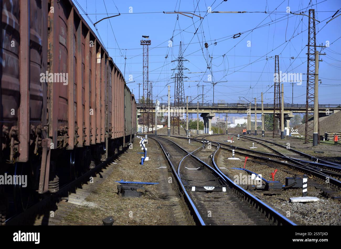 Railway landscape. Many railroad cars and tanks standing in rails ...