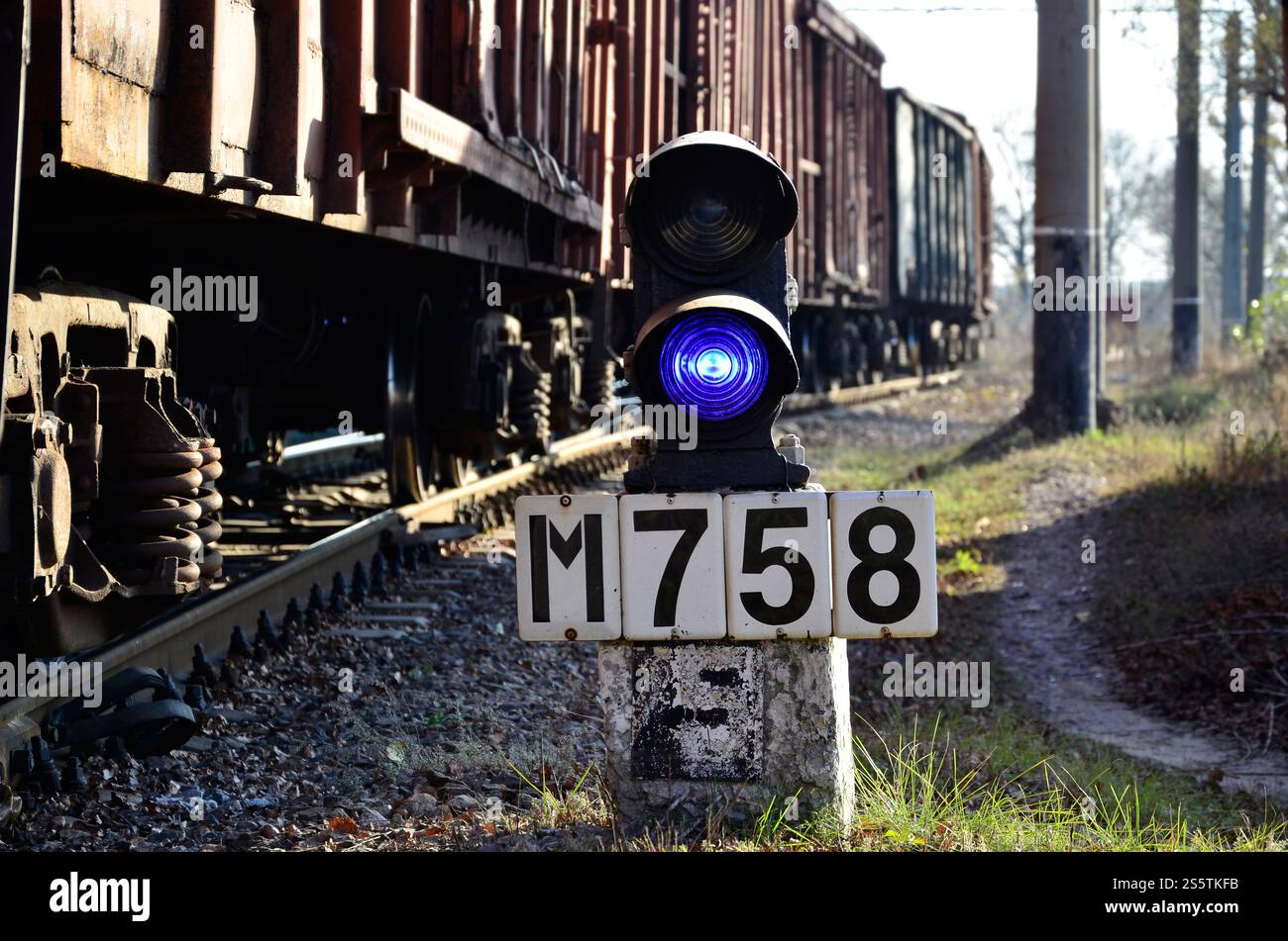 Railway landscape. Railroad sign with the sunny railway background and ...