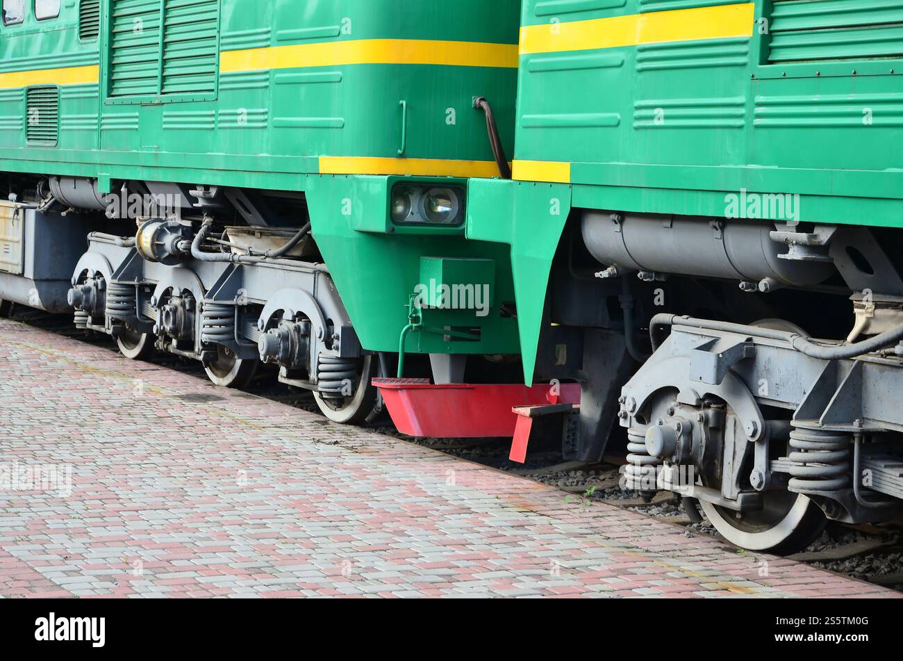 The wheels of a modern Russian electric train with shock absorbers and ...
