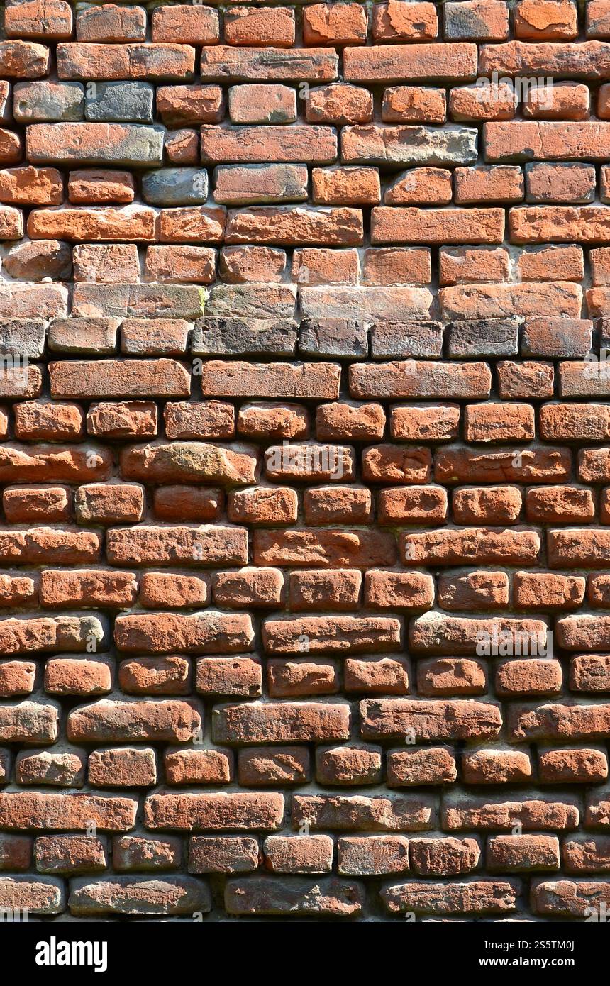 Vertical wall texture of several rows of very old brickwork made of red ...