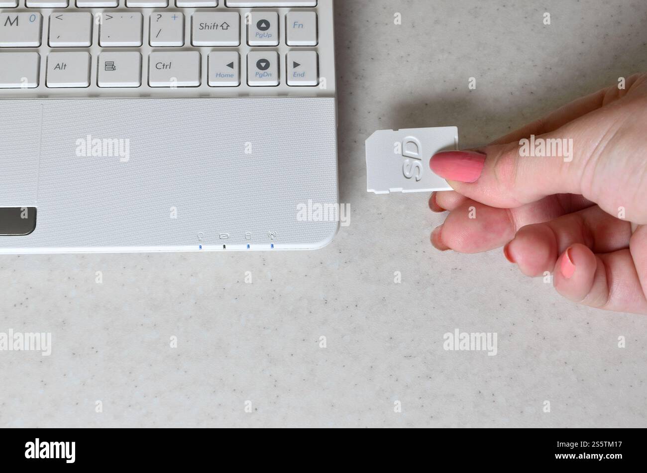 A female hand inserts a white compact SD card into the corresponding ... A female hand inserts a white compact SD card into the corresponding ...