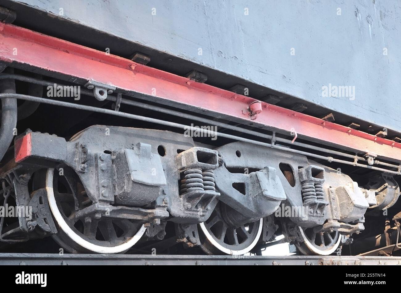 Black wheels of an old USSR locomotive. Vintage wheels of an old soviet ...